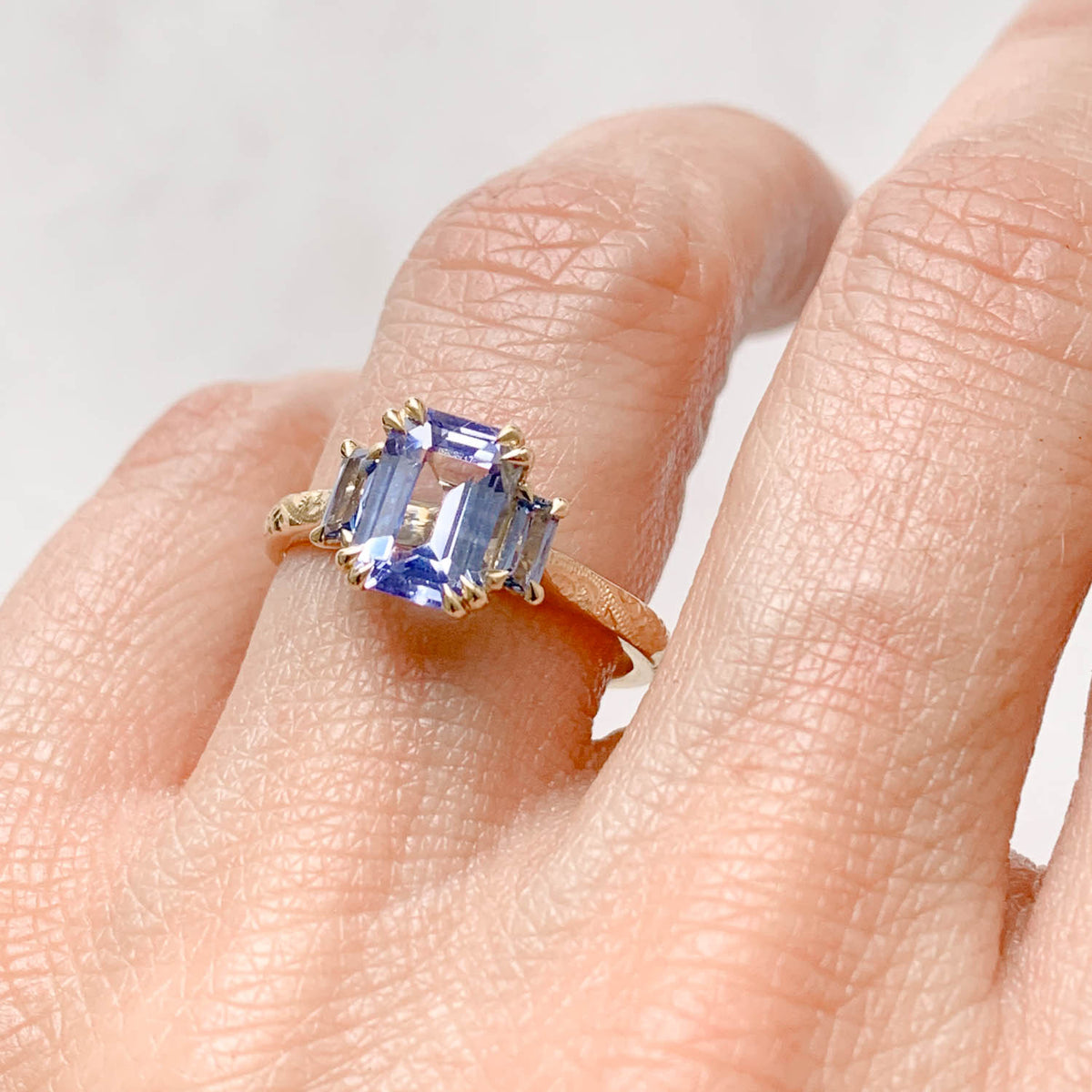 Fancy Blue Sapphire Trilogy Engagement Ring - Lebrusan Studio
