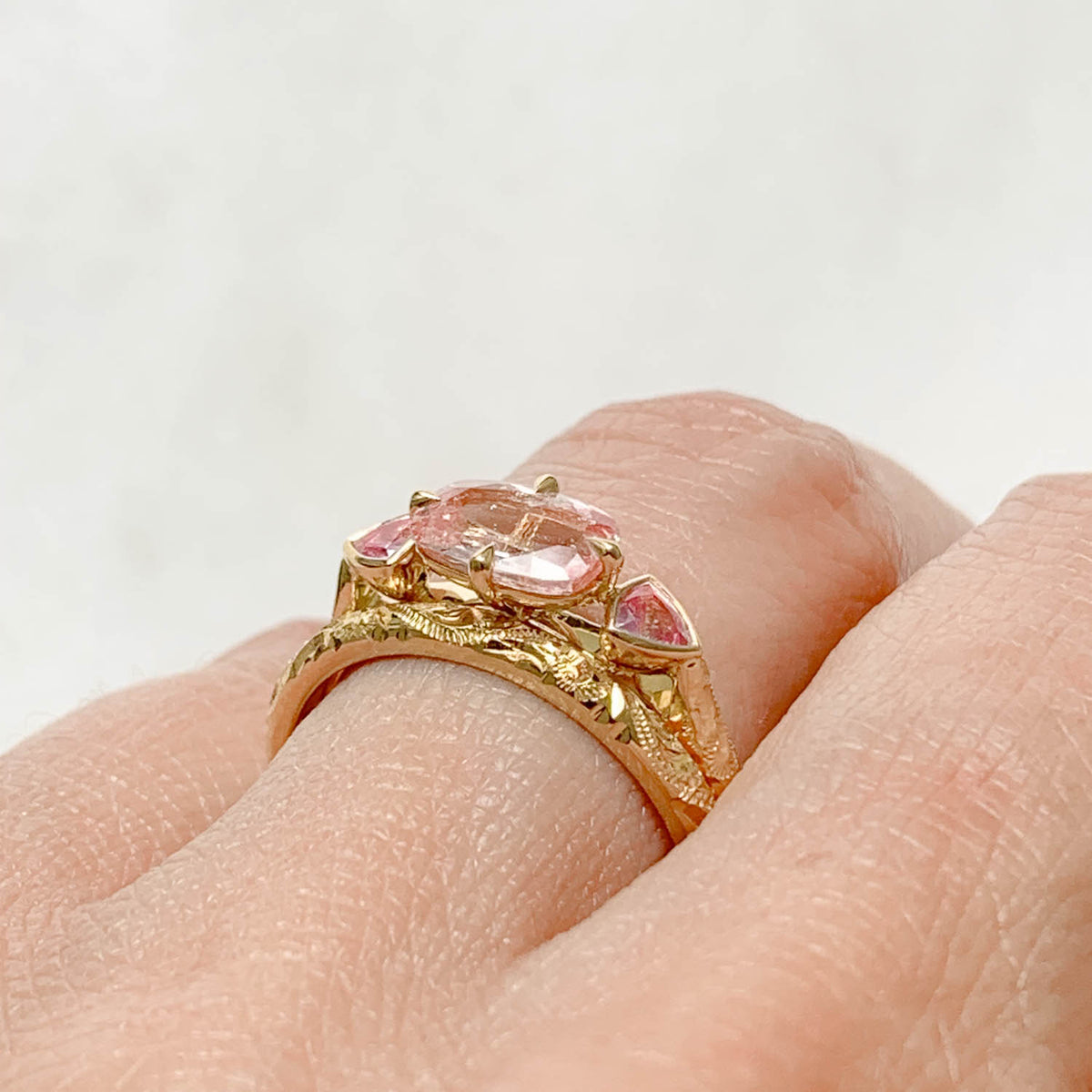 Fancy Pink Sapphire Trilogy Engagement Ring - Lebrusan Studio